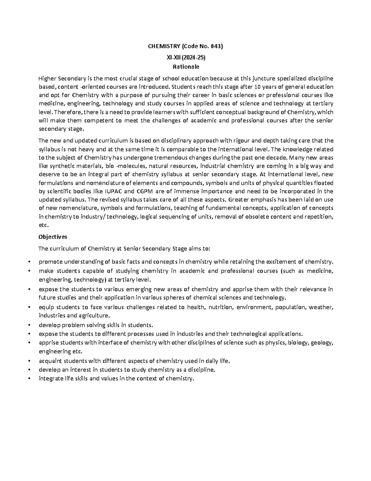 Chemistry class 12 2024-25 syllabus - CHEMISTRY (Code No. 043) XI-XII ...