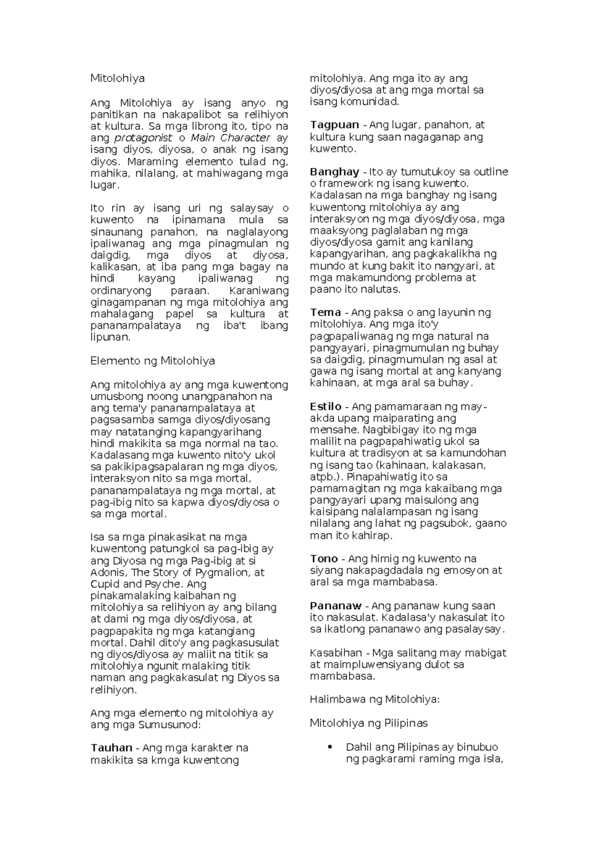 Mitolohiya: Mga Elemento at Halimbawa ng Iba't Ibang Kultura - Studocu