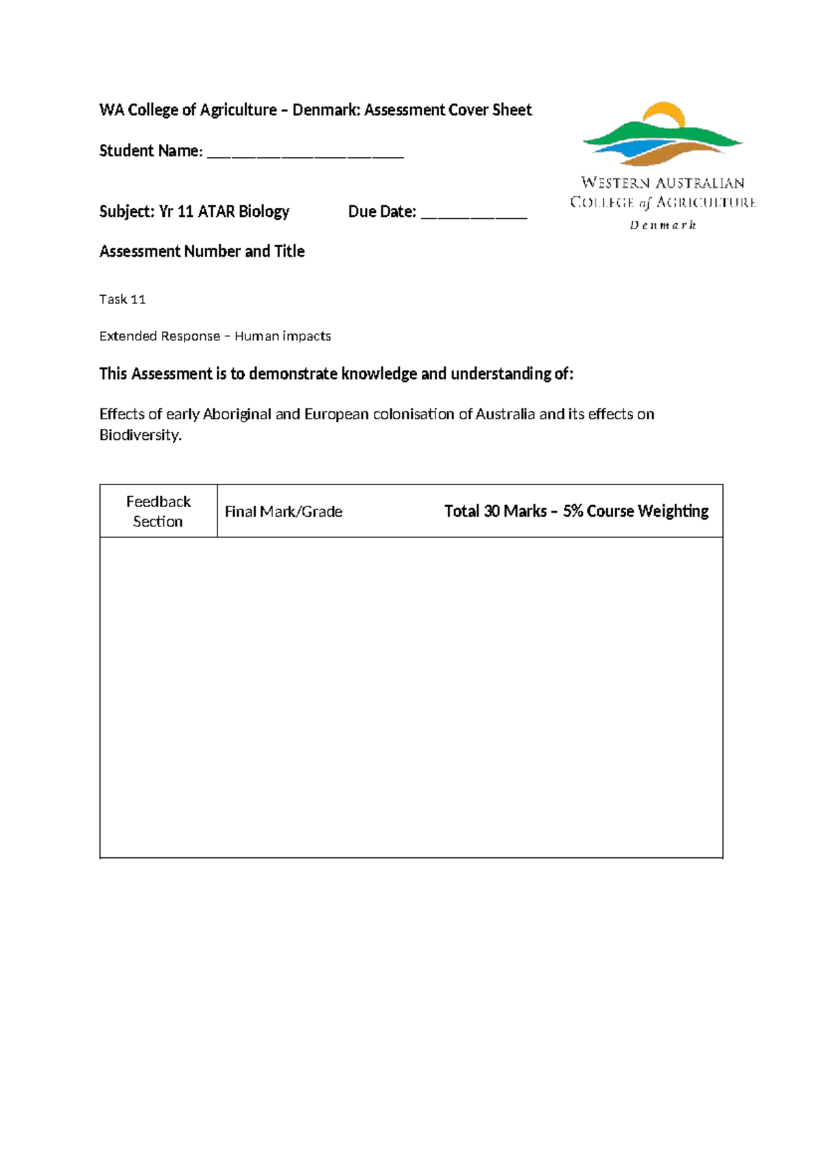 2025 Yr 11 ATAR Biology Task 11: Human Impacts & Biodiversity Prep ...