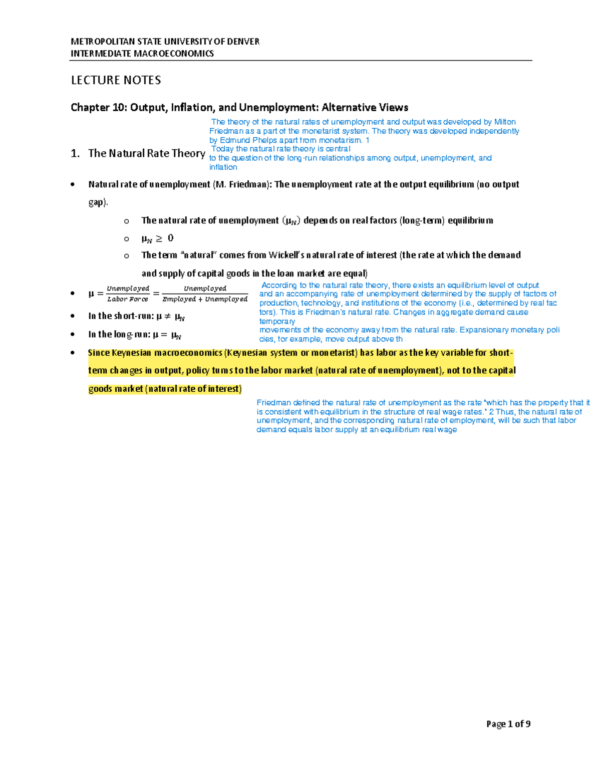 Lecture notes chapter 10 output inflation and unemployment alternative ...