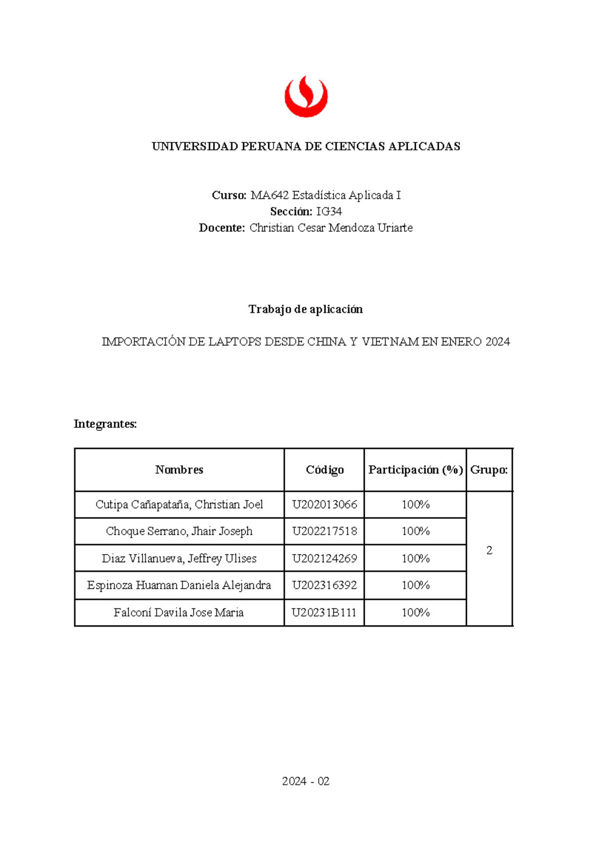 MA642 - Trabajo de Aplicación: Importación de Laptops desde China y ...