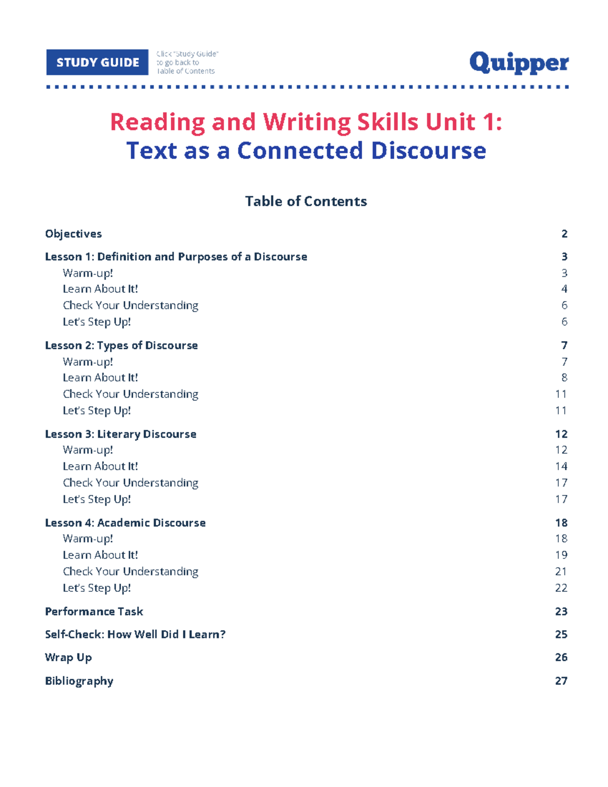 Grade 11 Reading & Writing Skills: Unit 1 - Texts as Discourse - Studocu
