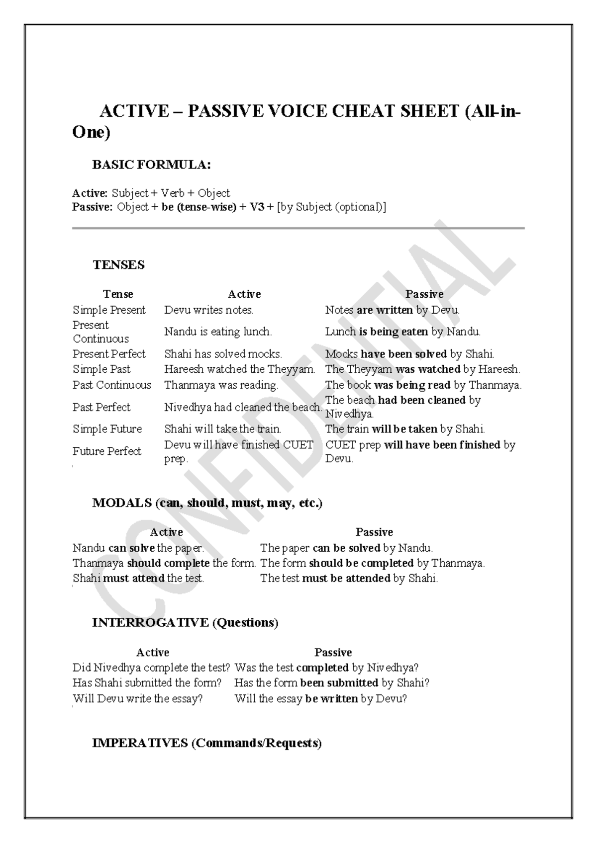 ACTIVE PASSIVE VOICE CHEAT SHEET: BASIC FORMULA & EXAMPLES - Studocu