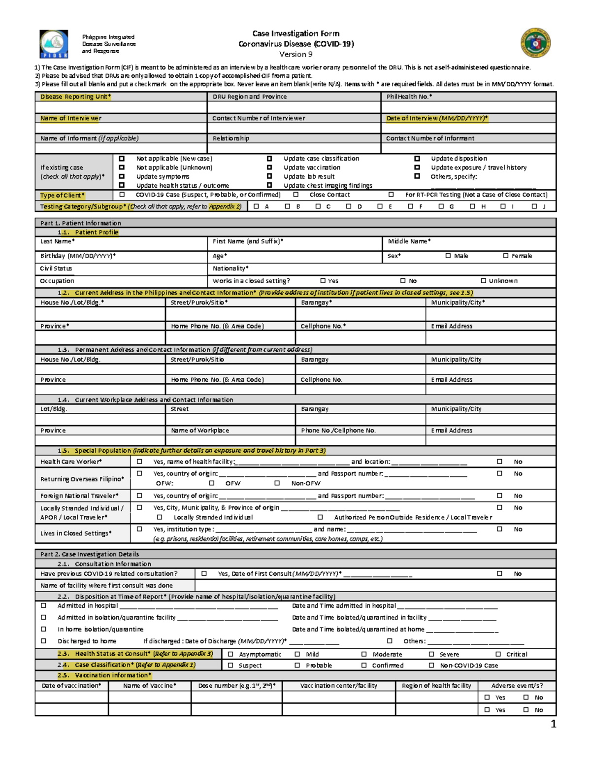 COVID-19 Case Investigation Form CIF ver9.1 - Philippines Guidelines ...