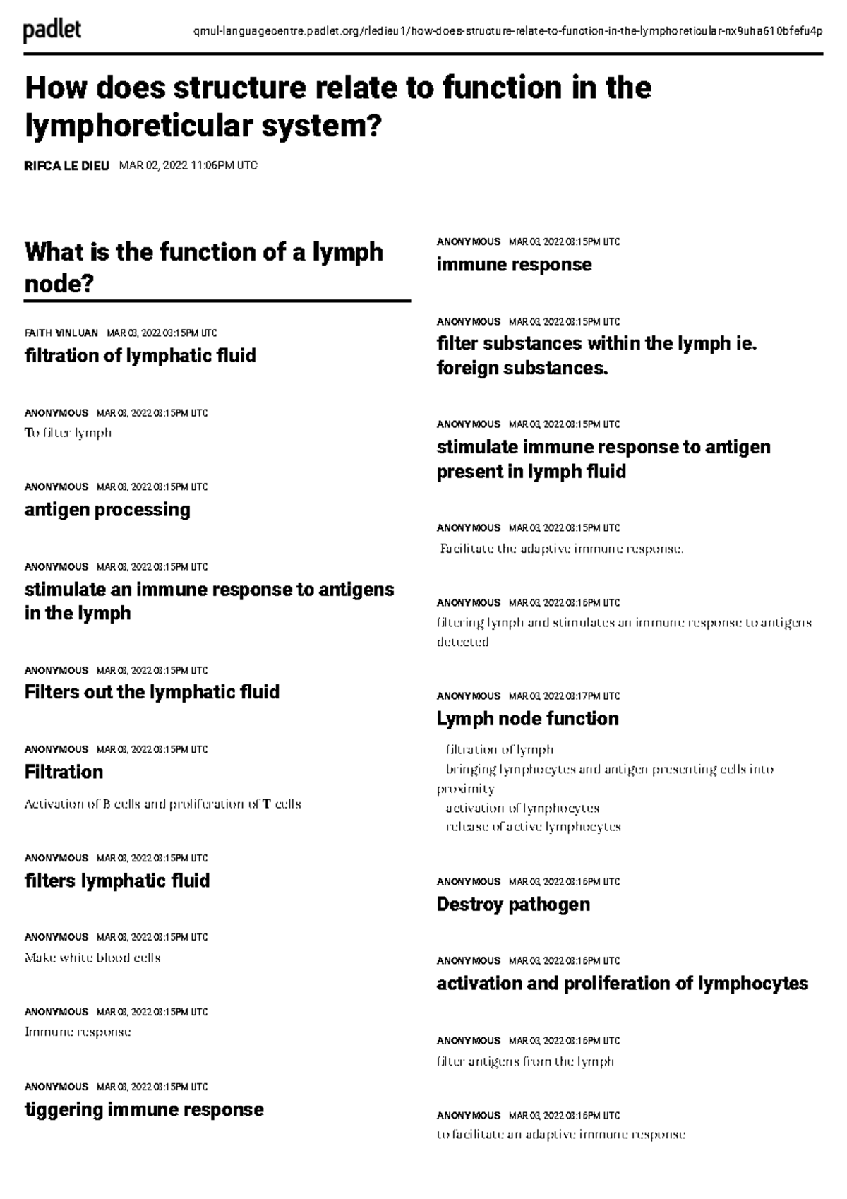 Padlet - Structure vs Function in the Lymphoreticular System - Studocu
