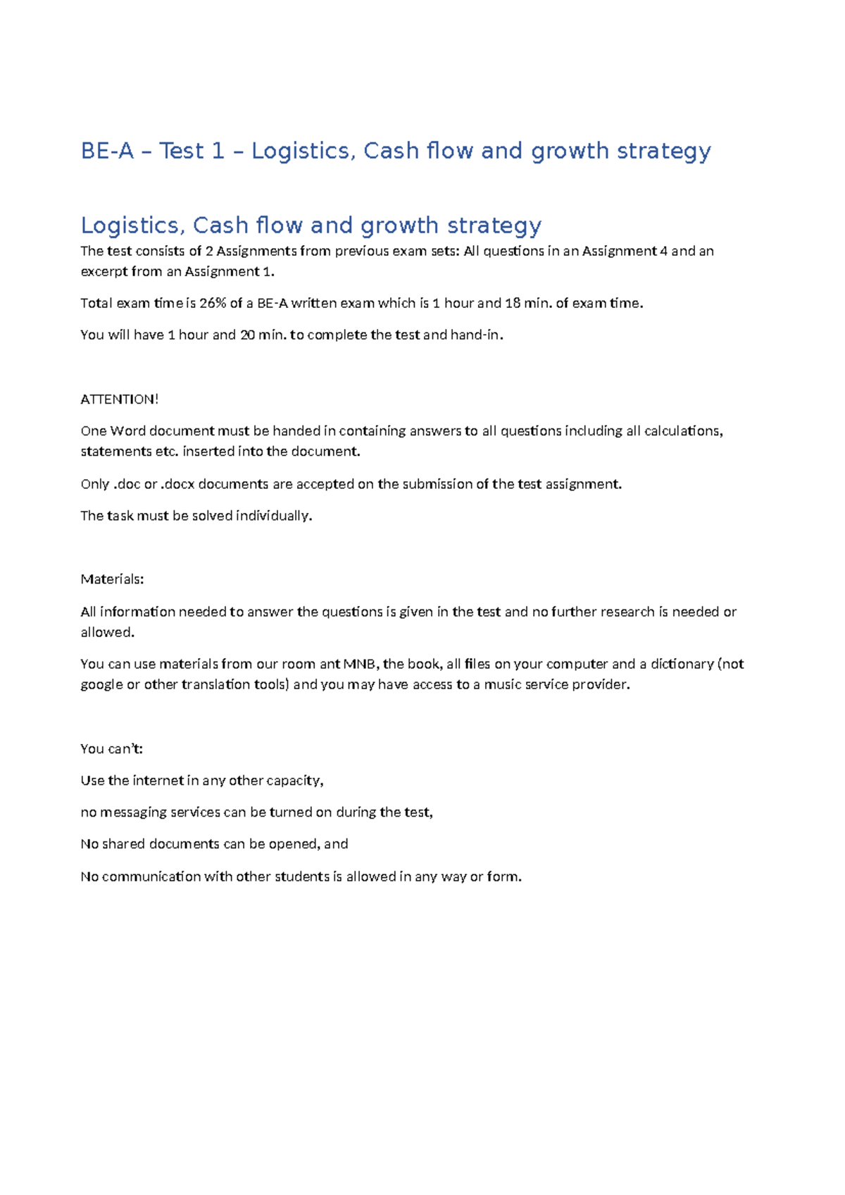 BE-A - Test 1: Logistics, Cash Flow & Growth Strategy Overview - Studocu