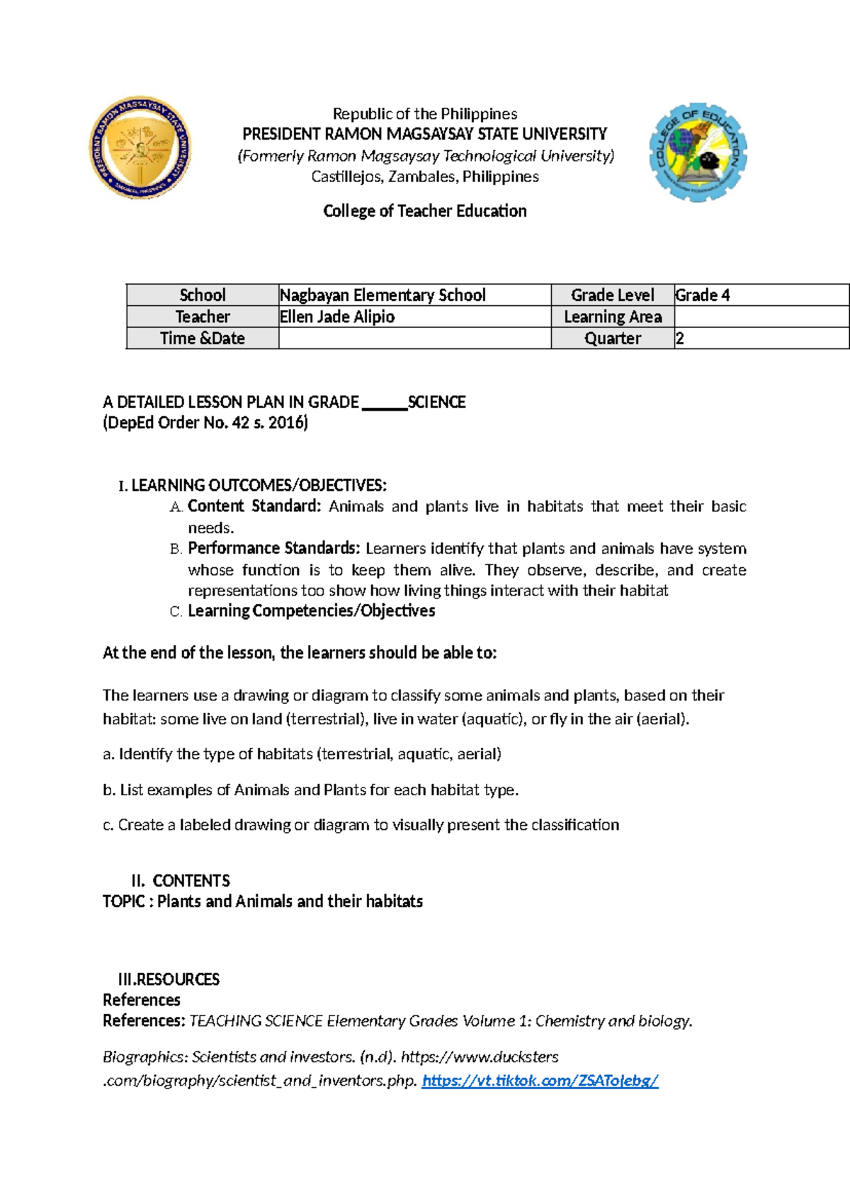 Detailed Lesson Plan for Grade 4 Science: Habitats (Q2) - Studocu
