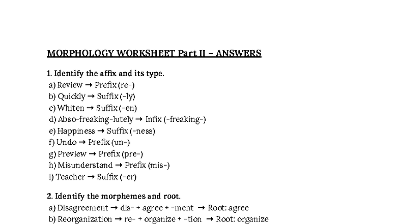 Morphology Worksheet Part II - Affixes & Morphemes Analysis - Studocu