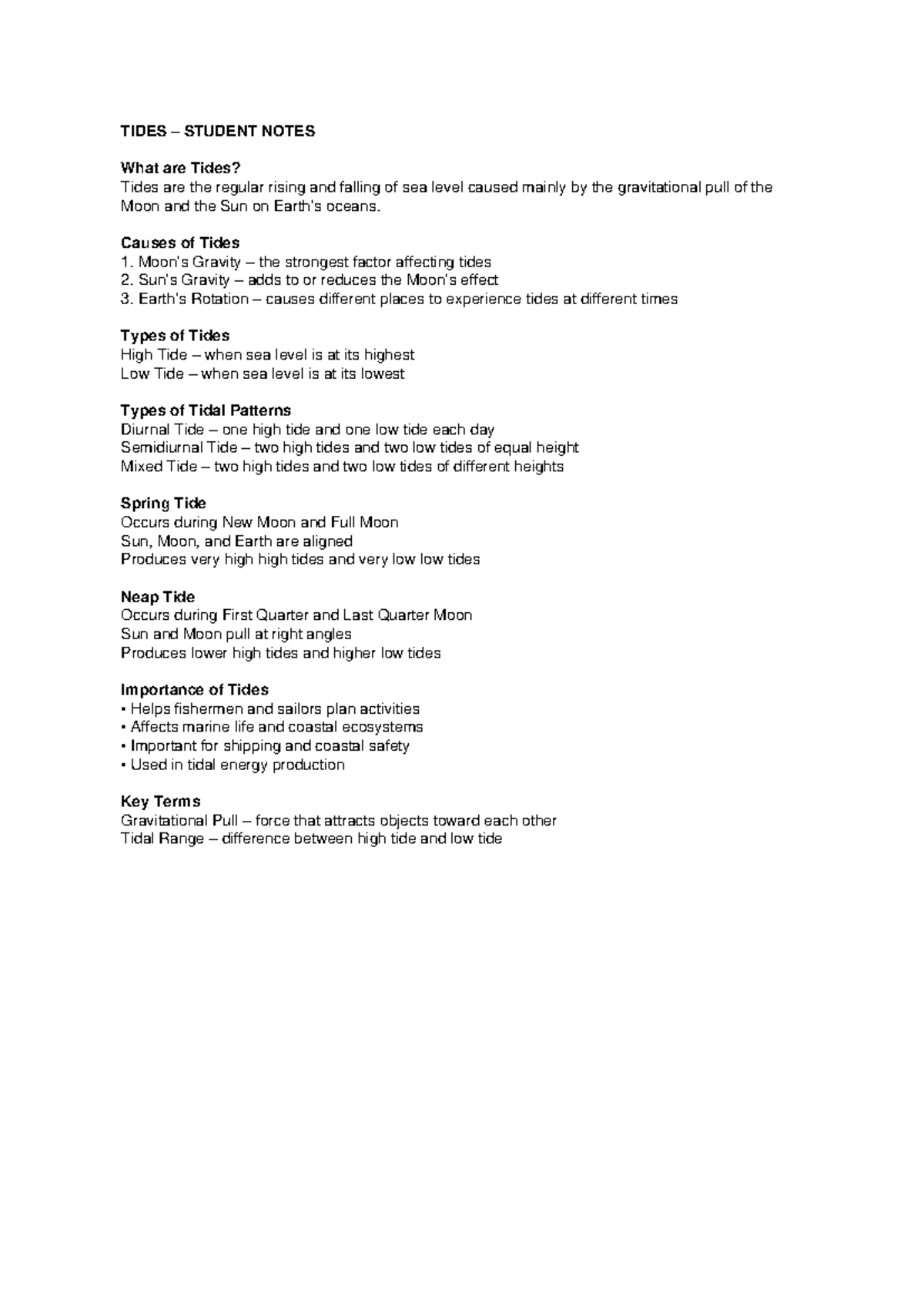 TIDES 101: Student Notes on Tidal Patterns and Importance - Studocu