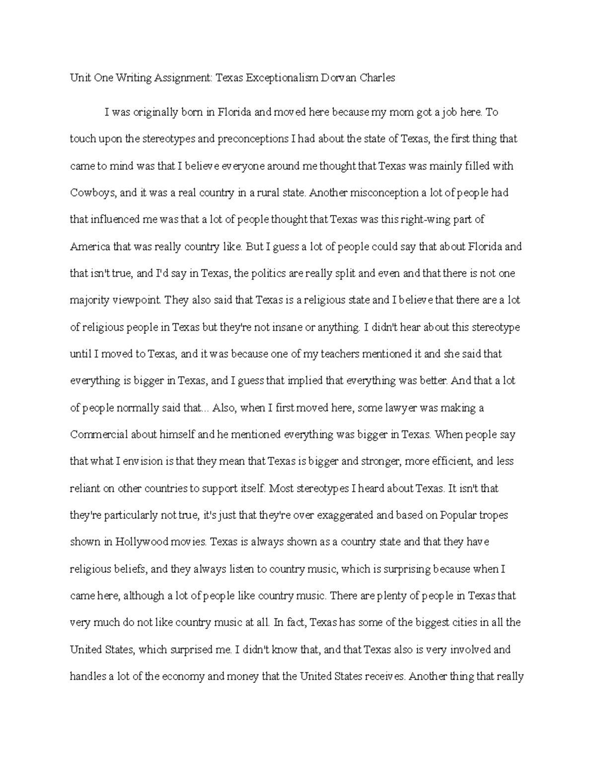 Unit 1 assignment - Work - Unit One Writing Assignment: Texas ...