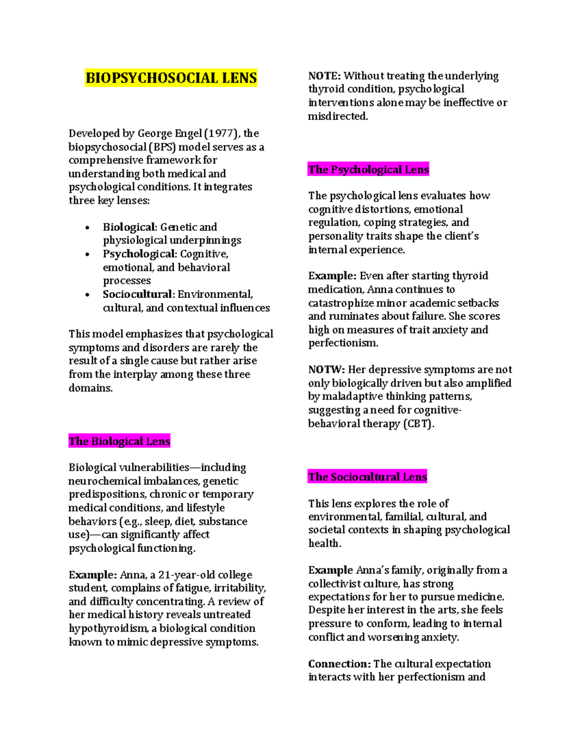 ASES311 Handouts: Understanding the Biopsychosocial Model in Psychology ...