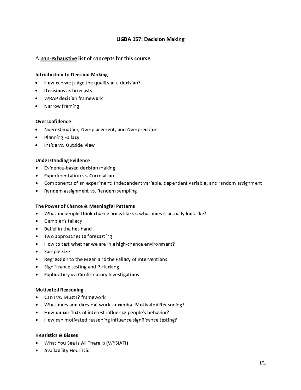 UGBA 157: Decision Making Concepts Overview Sheet - Studocu