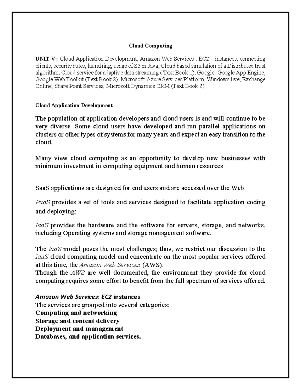 Cloud Computing Unit V: AWS EC2, S3, and Cloud App Dev Insights - Studocu