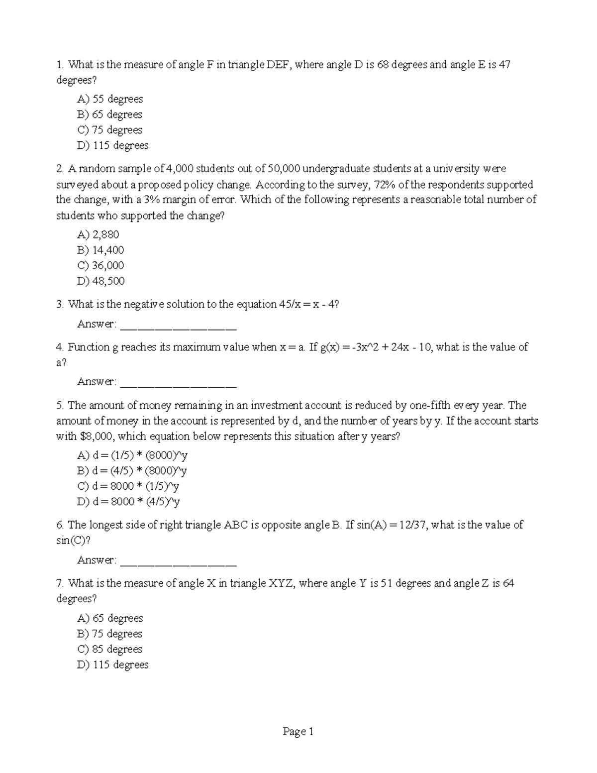 SAT Math Practice: Angle Measures & Function Analysis - Studocu