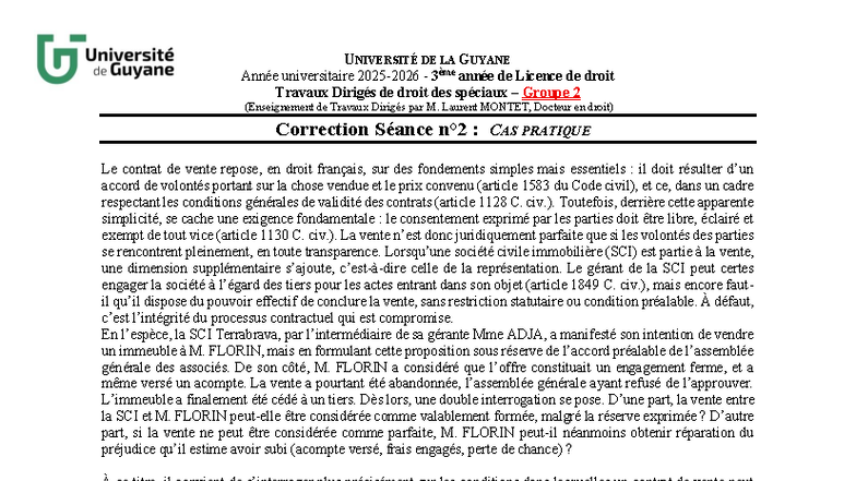 Correction Cas Pratique Droit des Spéciaux DCS 2 - 2025-2026 Grp 2 ...
