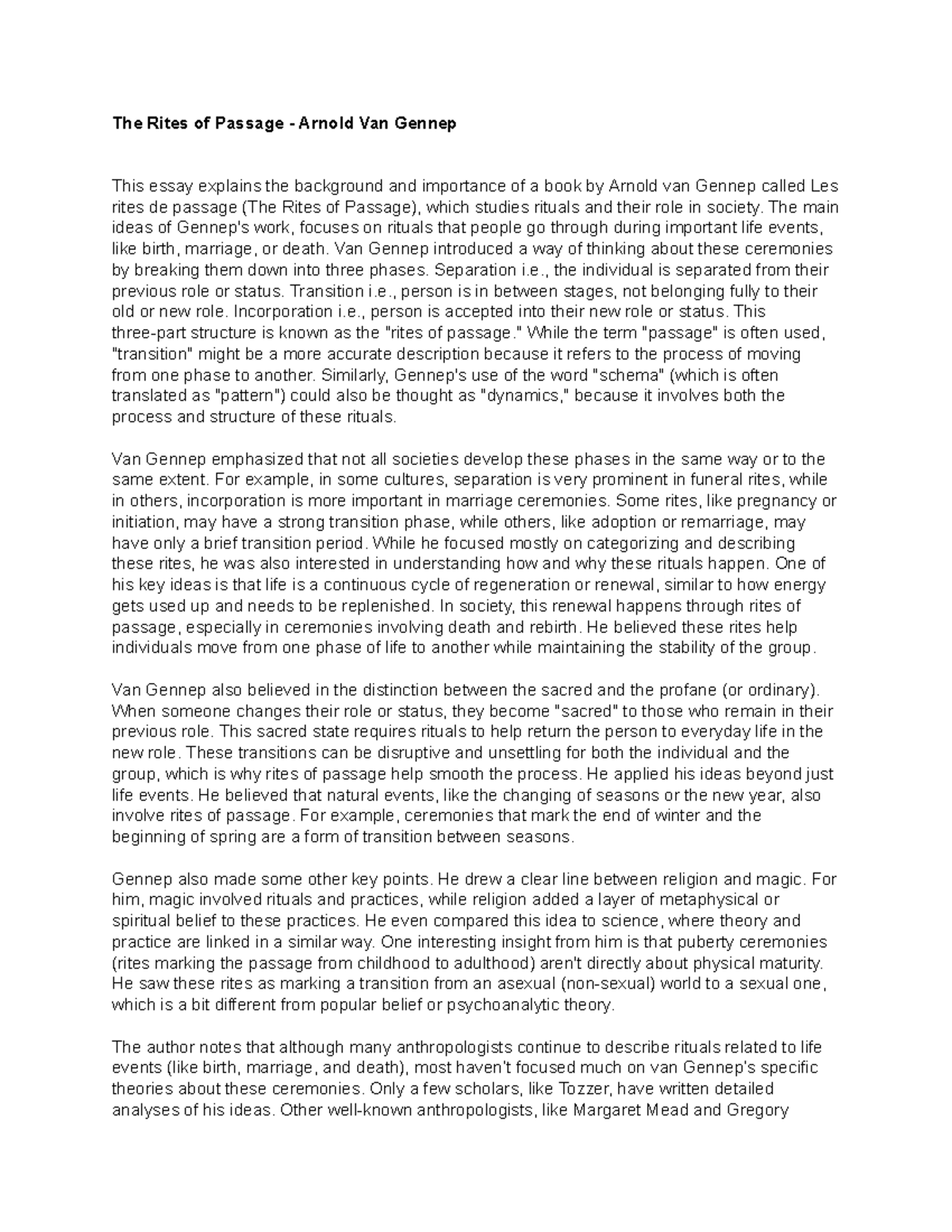 Rituals of Transition: An Analysis of Van Gennep's Rites of Passage ...