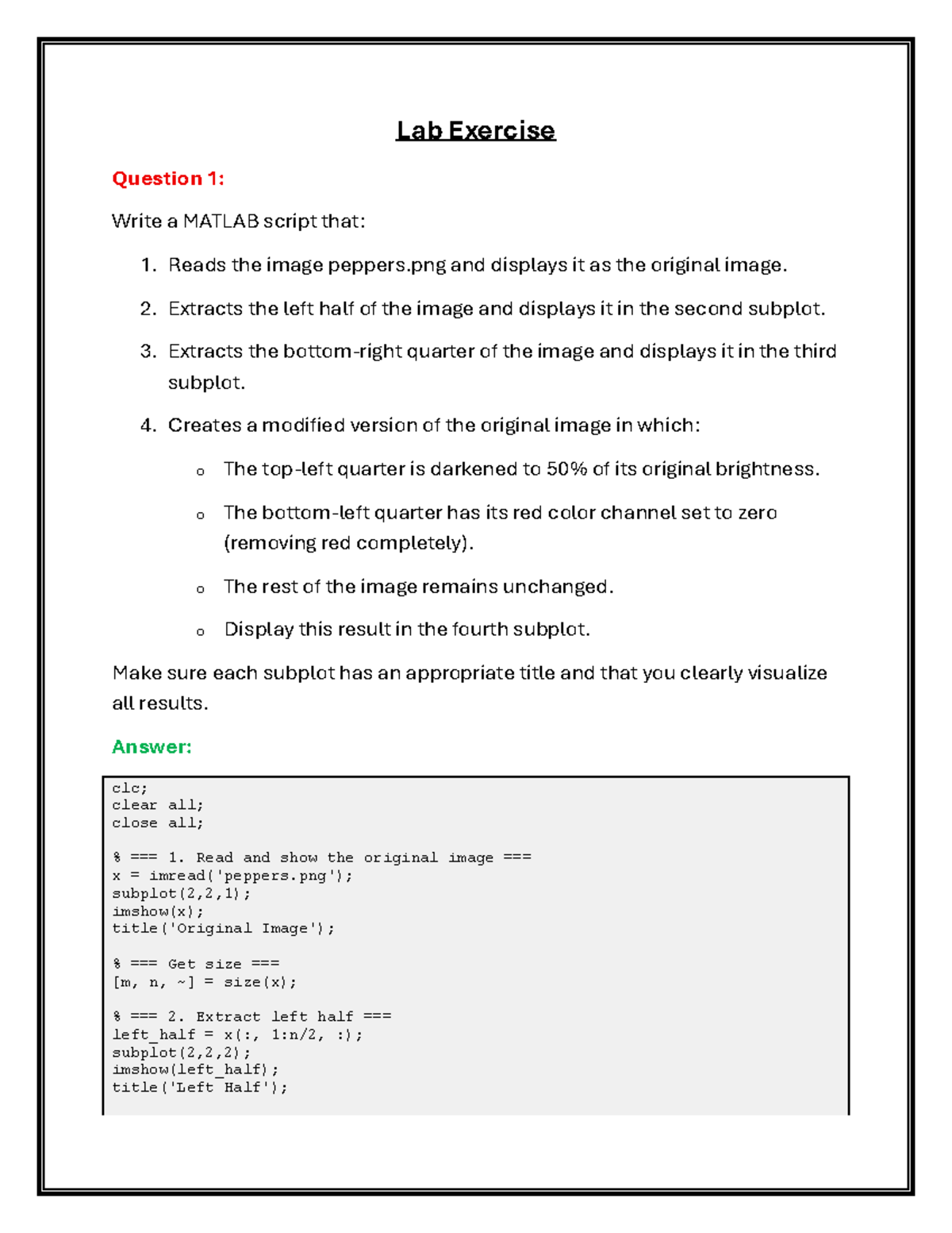 Lab Exercise: MATLAB Image Processing Tasks and Solutions - Studocu