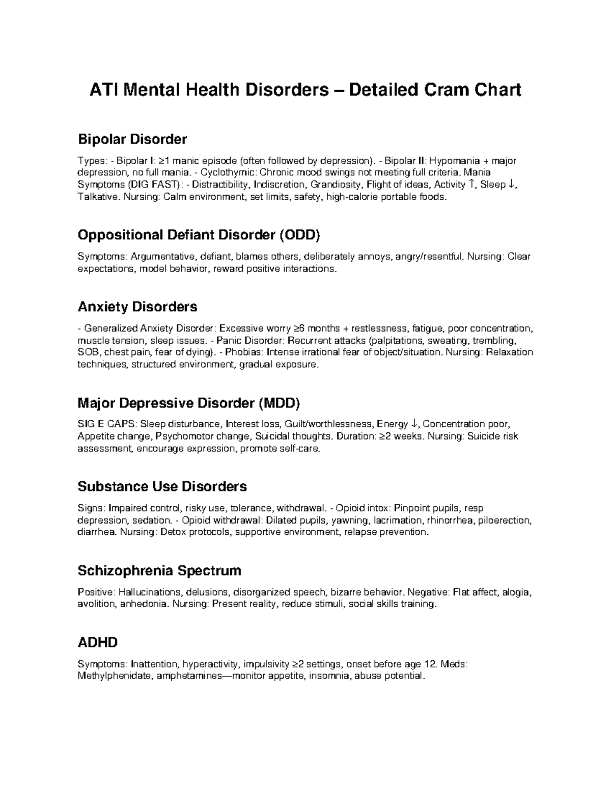 ATI Mental Health Disorders Cram Chart: Key Concepts & Nursing Care ...