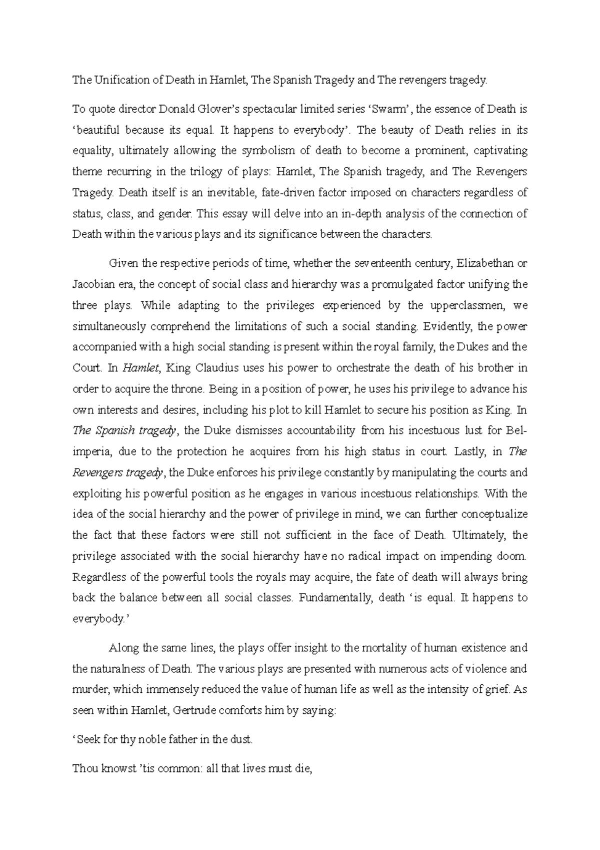 The Unification of Death in Hamlet, Spanish Tragedy & Revenger's ...