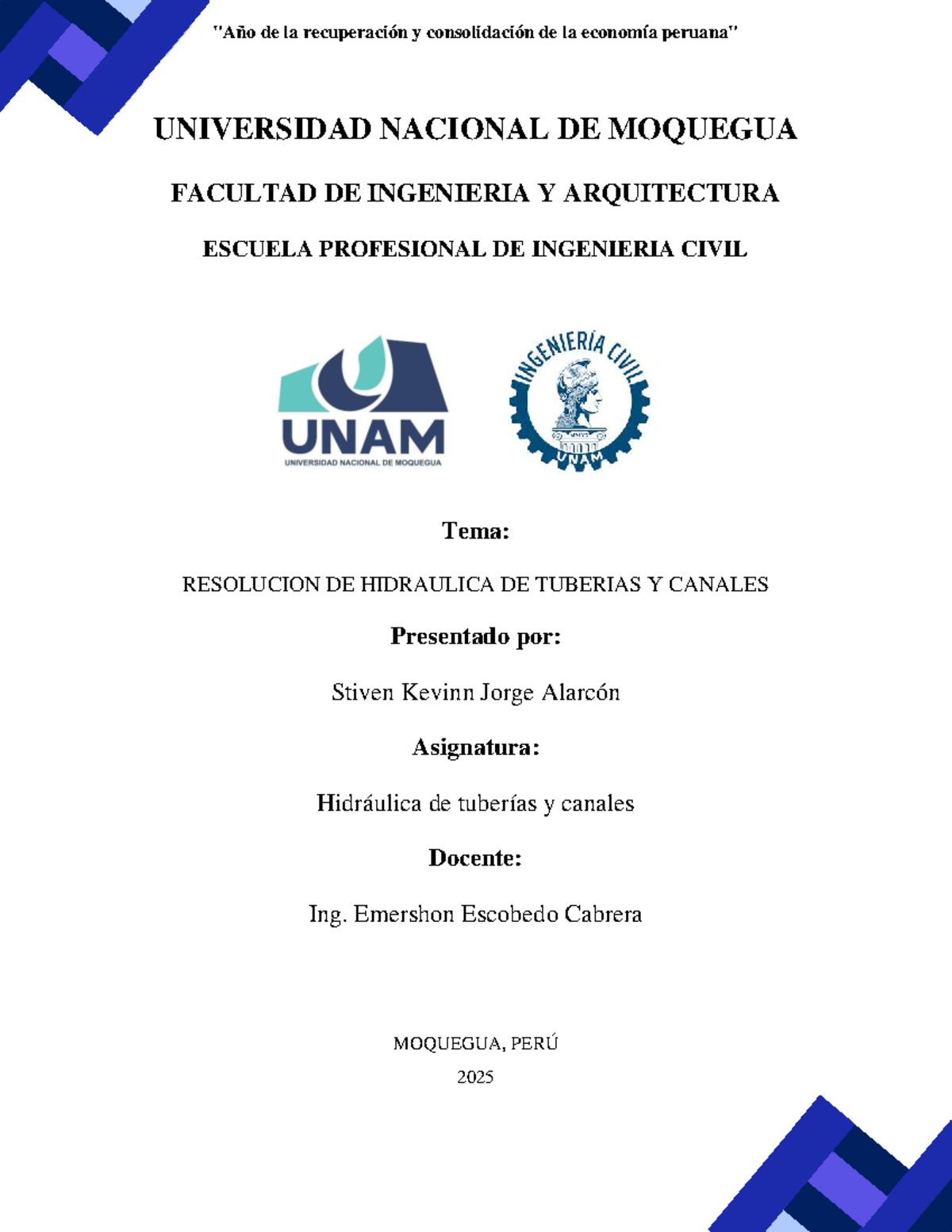 Resolucion Practica Hidraulica Stiven Jorge - Hidraulica de Tuberias y Canales - UNIVERSIDAD ...