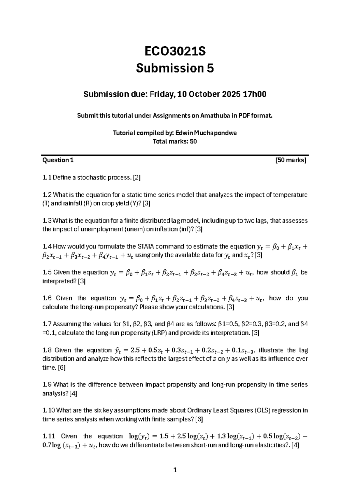 ECO3021S Final Exam Submission 5 - Tutorial Questions and Answers - Studocu