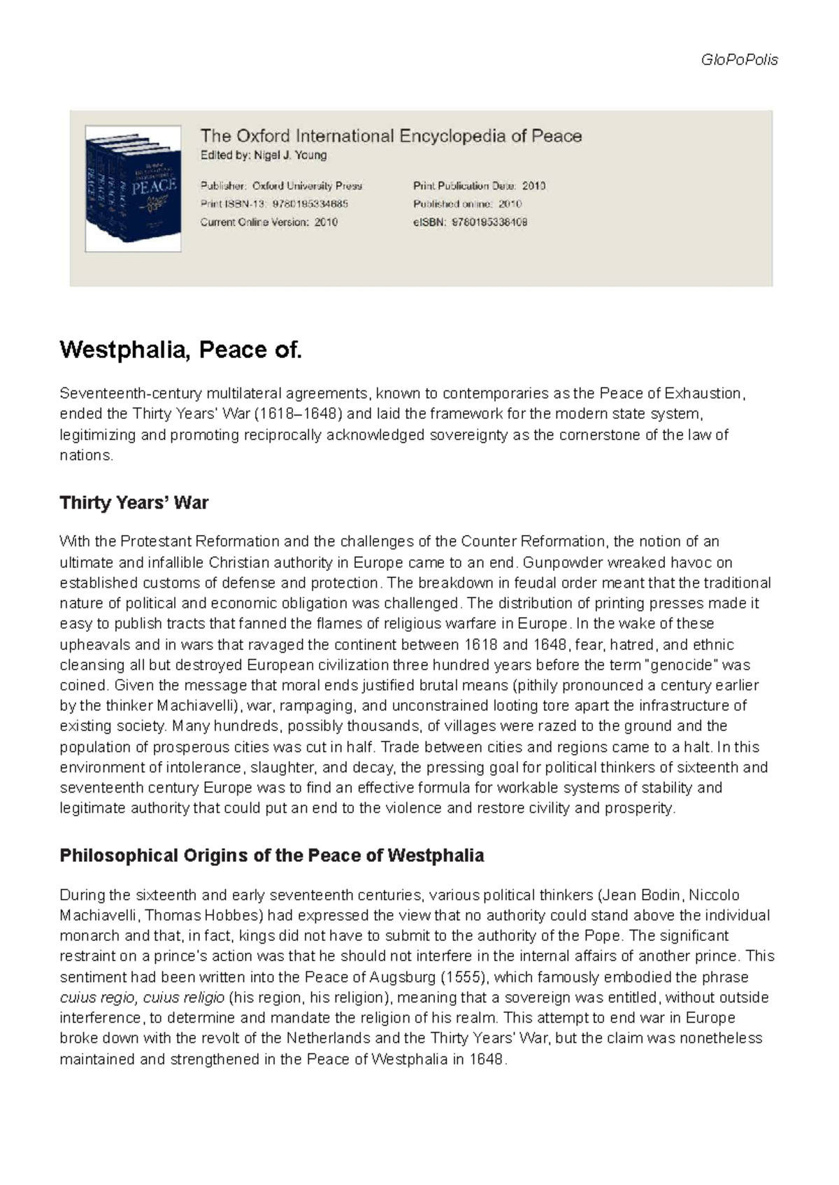 GloPoPolis: Analyzing the Peace of Westphalia and Its Impact - Studocu