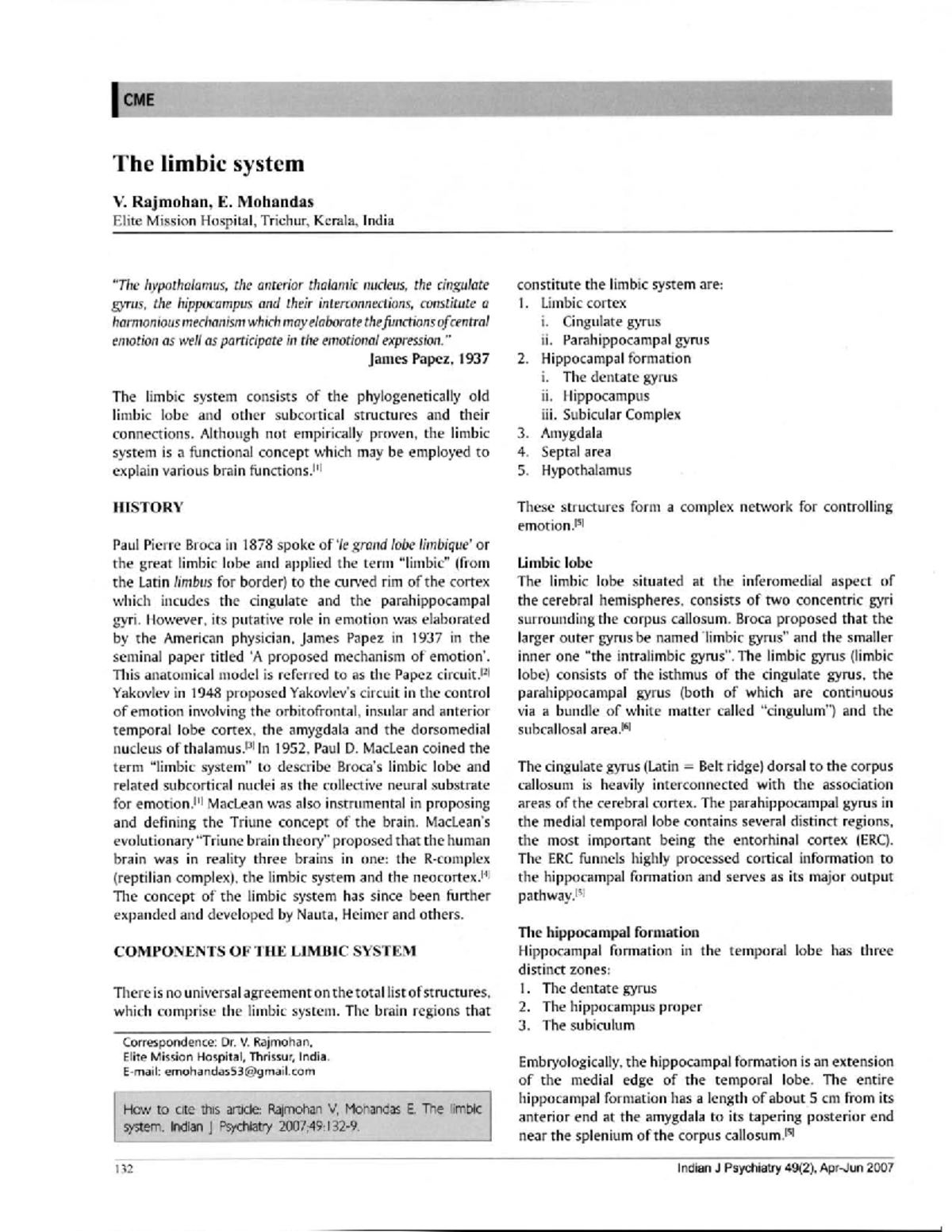 CME: The Limbic System - An Overview of Structure and Function - Studocu