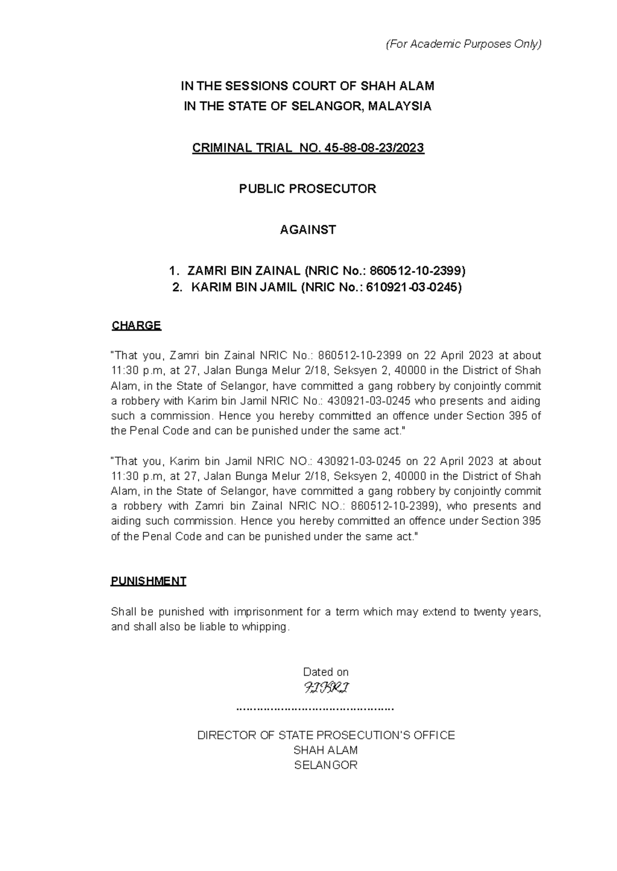 Sample Charge Sheet for Criminal Case No. 45-88-08-23 - Studocu