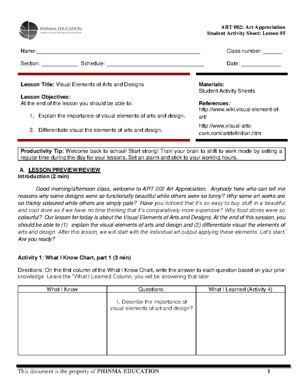 Copy of SAS# 5 - ART 002 - Lecture notes 1 - Student Activity Sheet ...