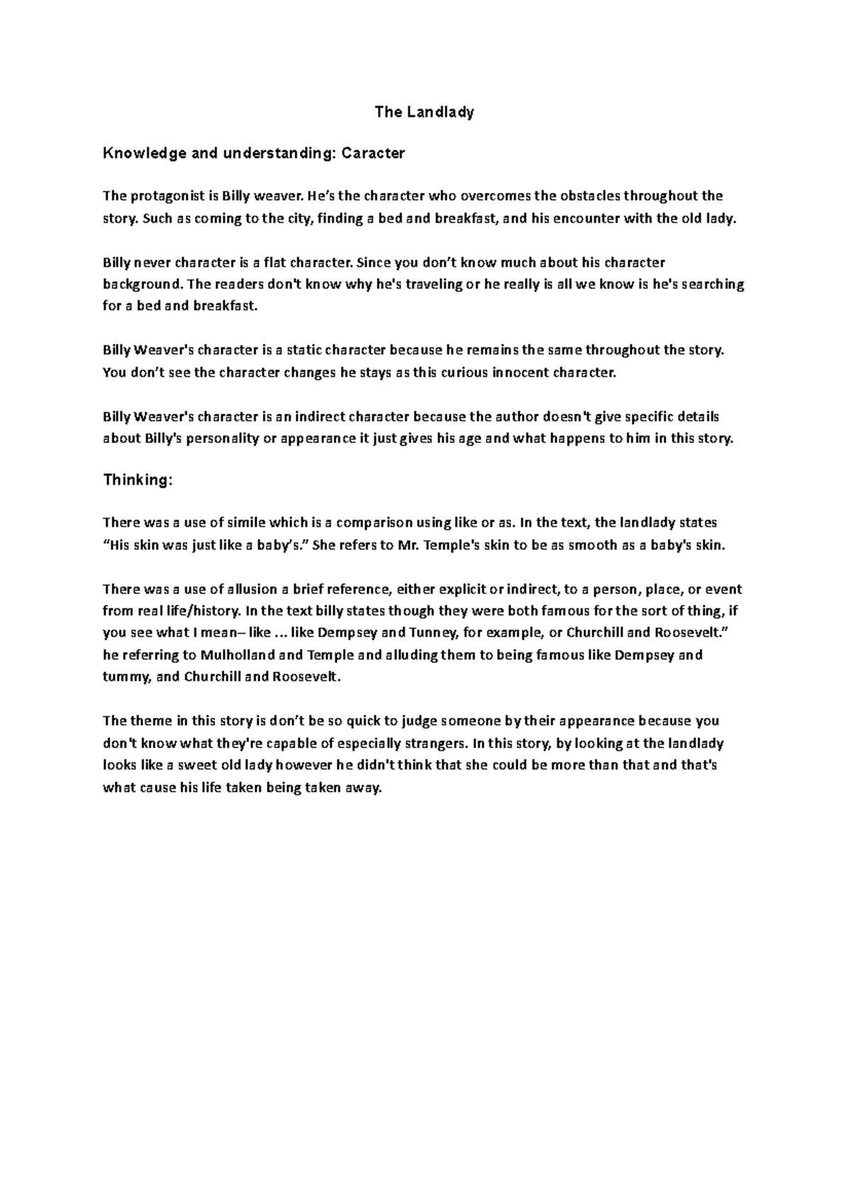 The Landlady (ENG 101) - Character Analysis and Themes - Studocu