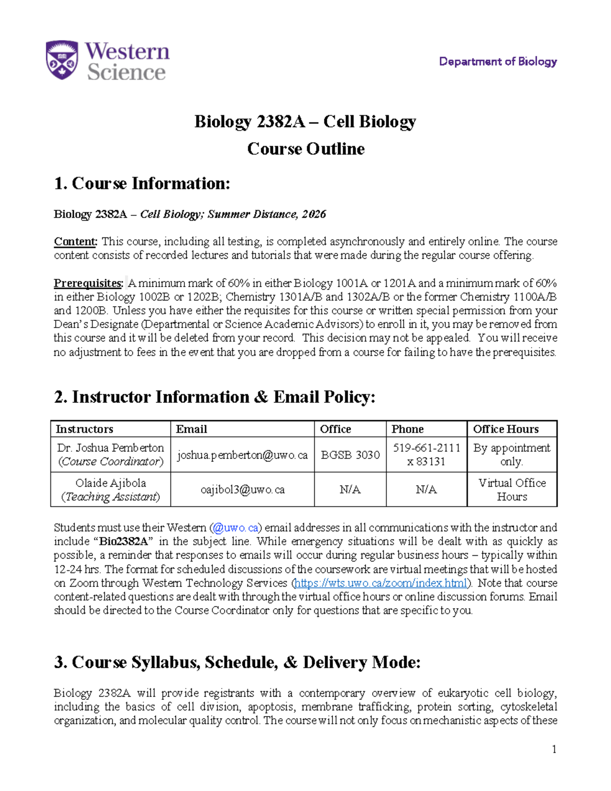 Biology 2382A Cell Biology Course Outline - Summer 2026 - Studocu