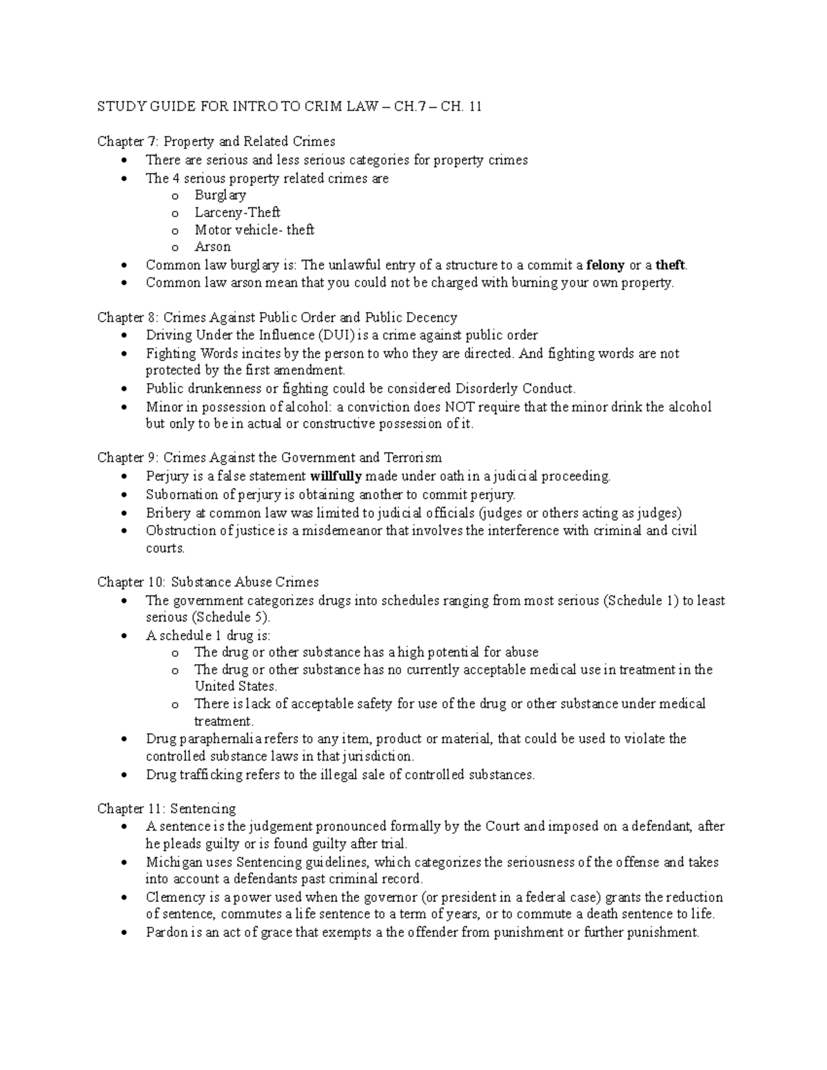Ch - 7 - 11 Study Guide - STUDY GUIDE FOR INTRO TO CRIM LAW – CH – CH ...