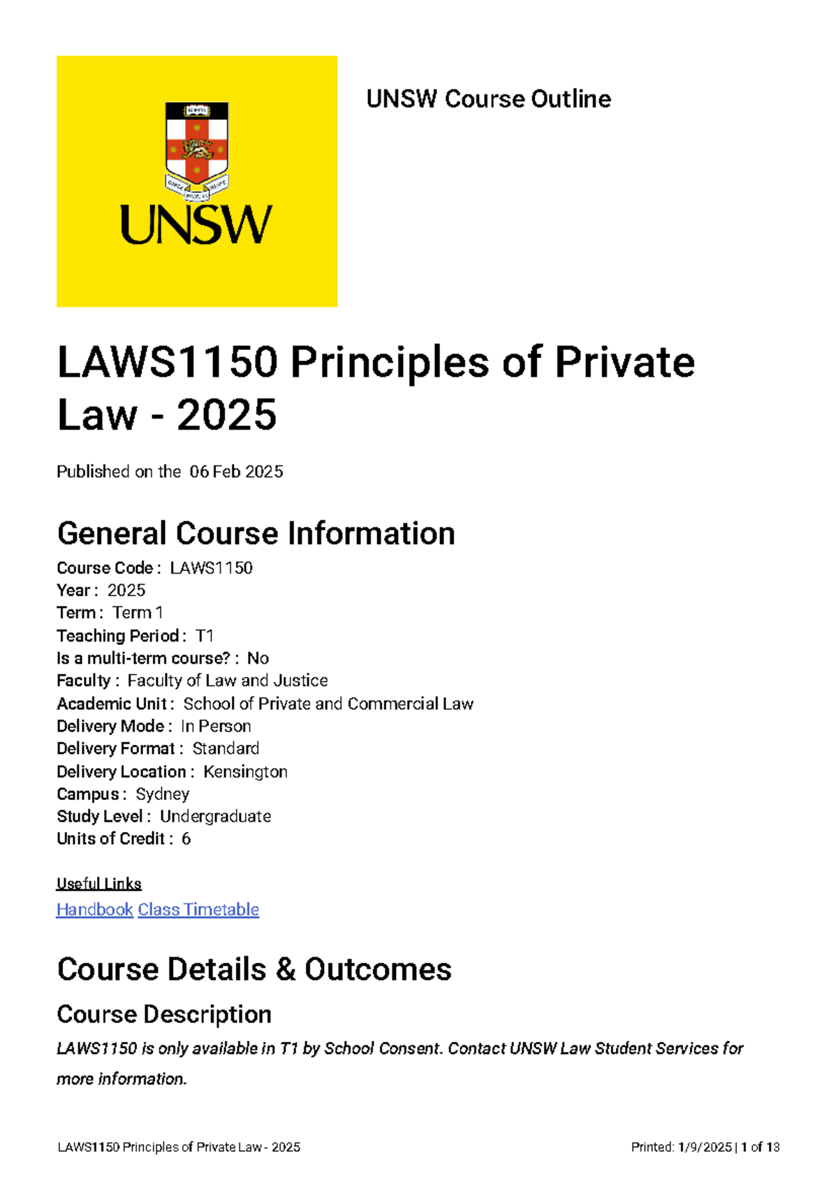 LAWS1150 Principles of Private Law Course Outline 2025 Term 1 - Studocu