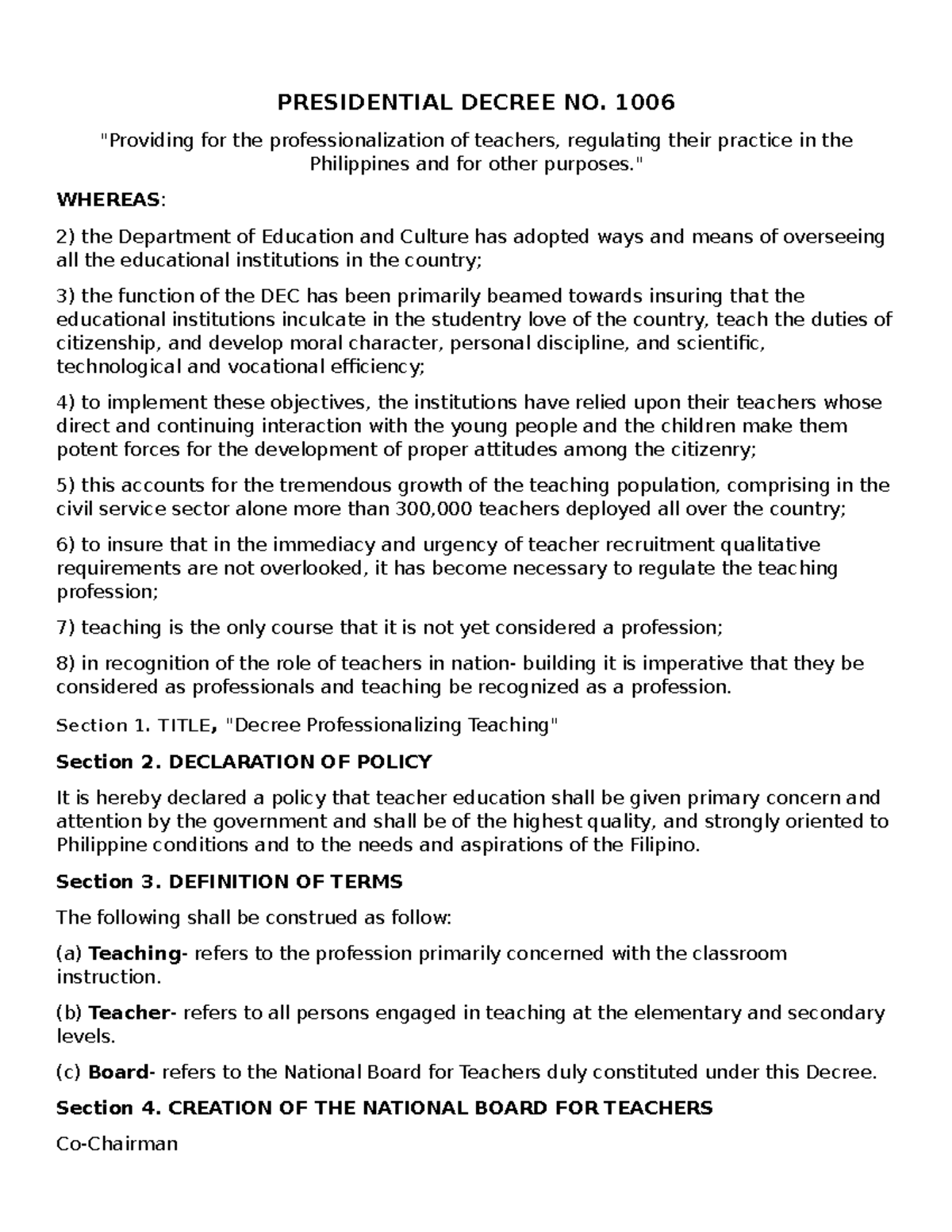 Written Report TC 002 - PRESIDENTIAL DECREE NO. 1006 "Providing for the ...