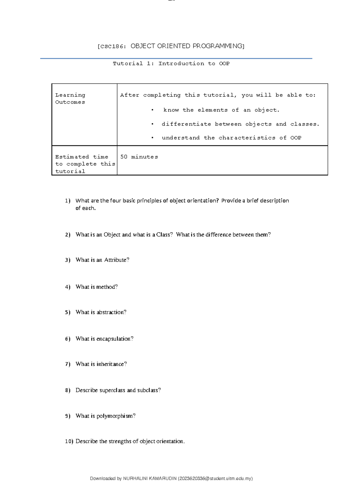 CSC186 Object Oriented Programming Tutorial 1: OOP Basics and Exercises ...