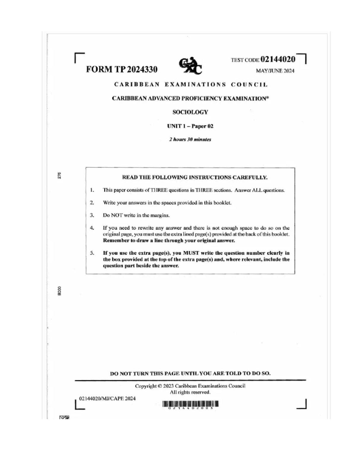 CAPE Sociology 2024 Unit 1 Paper 2 Exam Instructions and Questions ...