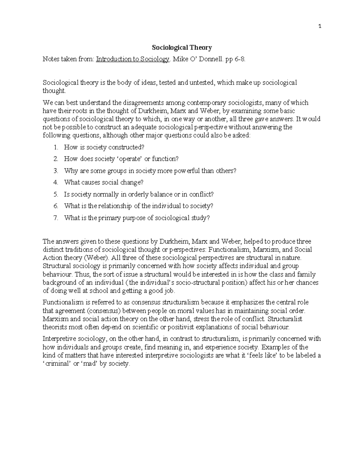 Sociological theory (1) - Sociological Theory Notes taken from ...