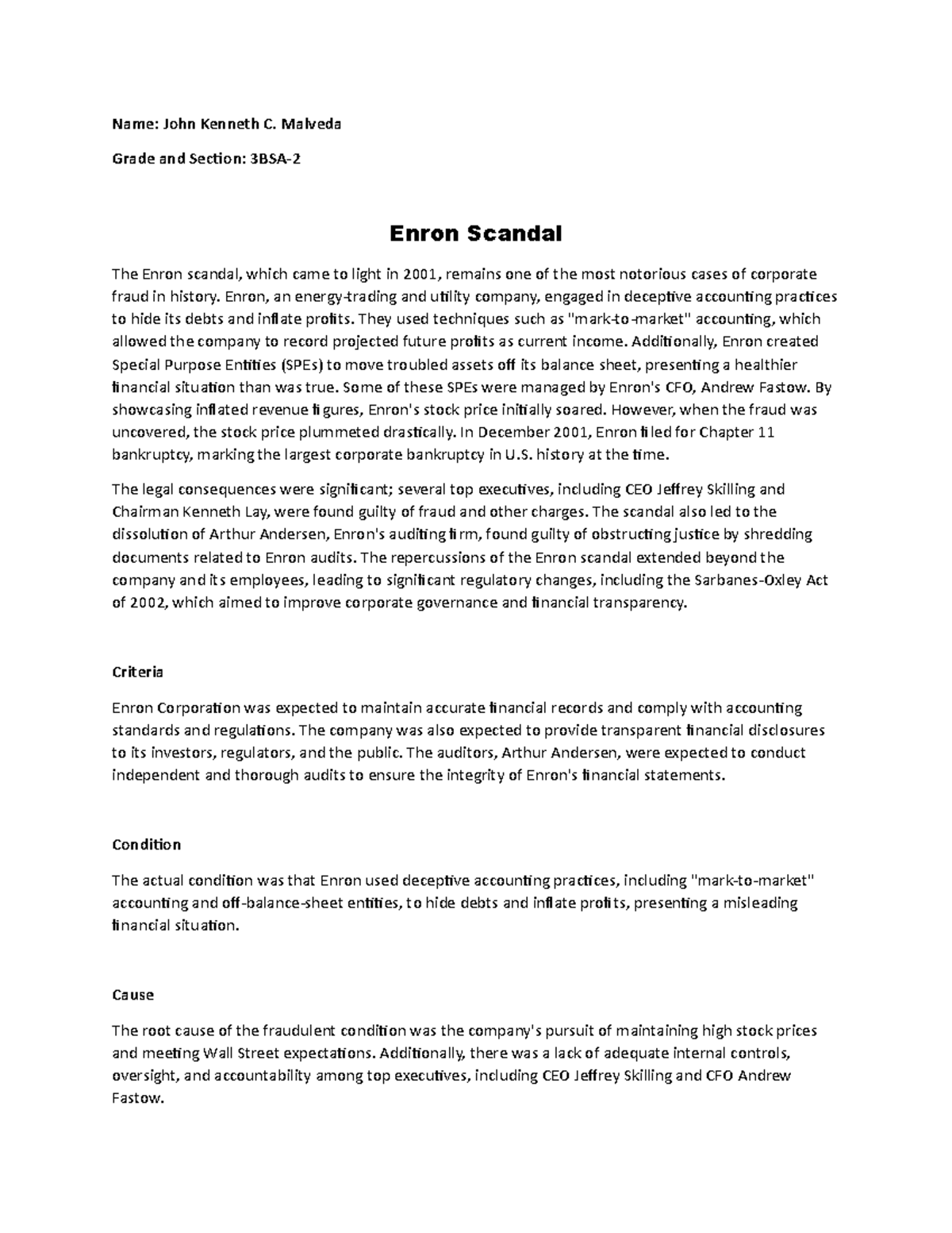 enroncorportaion - Name: John Kenneth C. Malveda Grade and Section ...