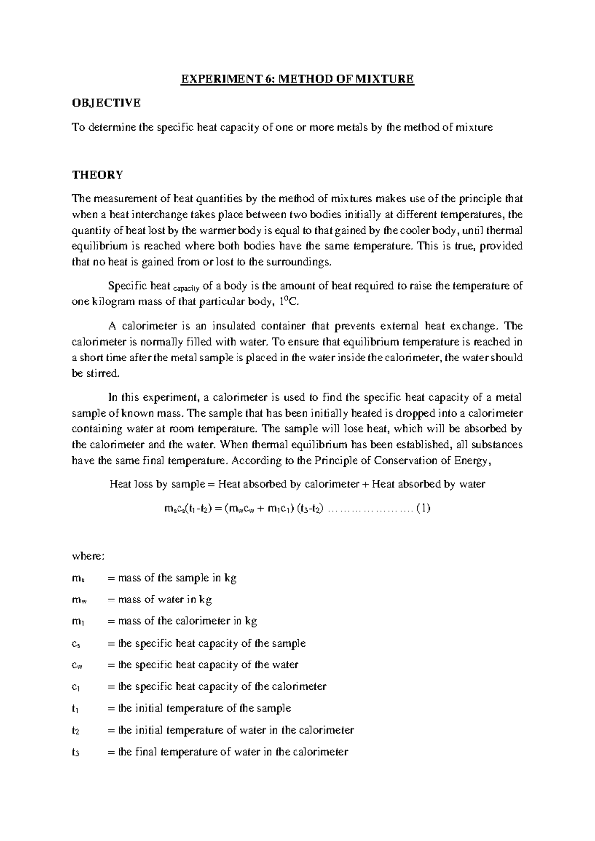 PHY210 Experiment 6: Method of Mixture for Specific Heat Capacity - Studocu