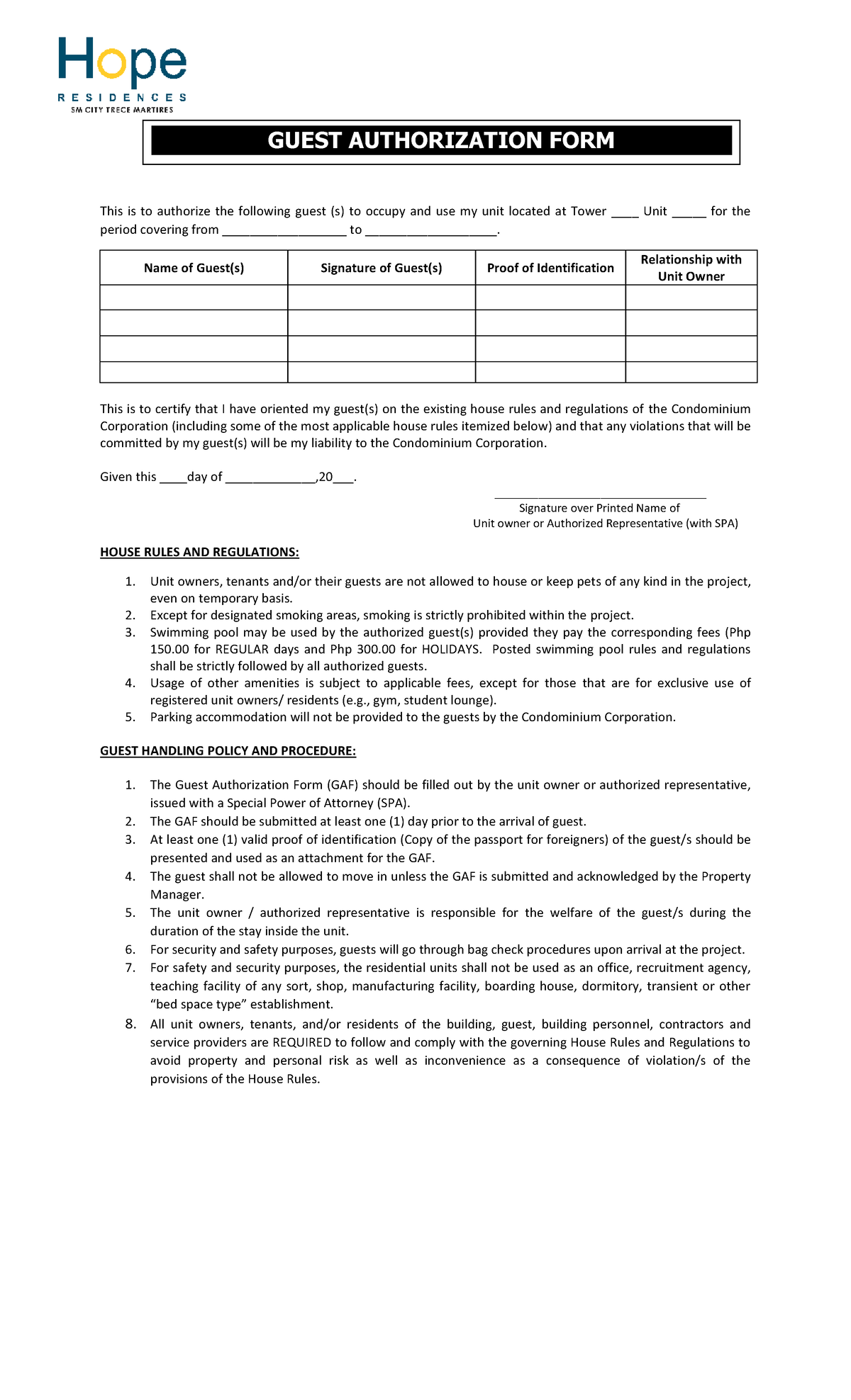 Guest Authorization Form for Tower Unit: House Rules & Regulations ...