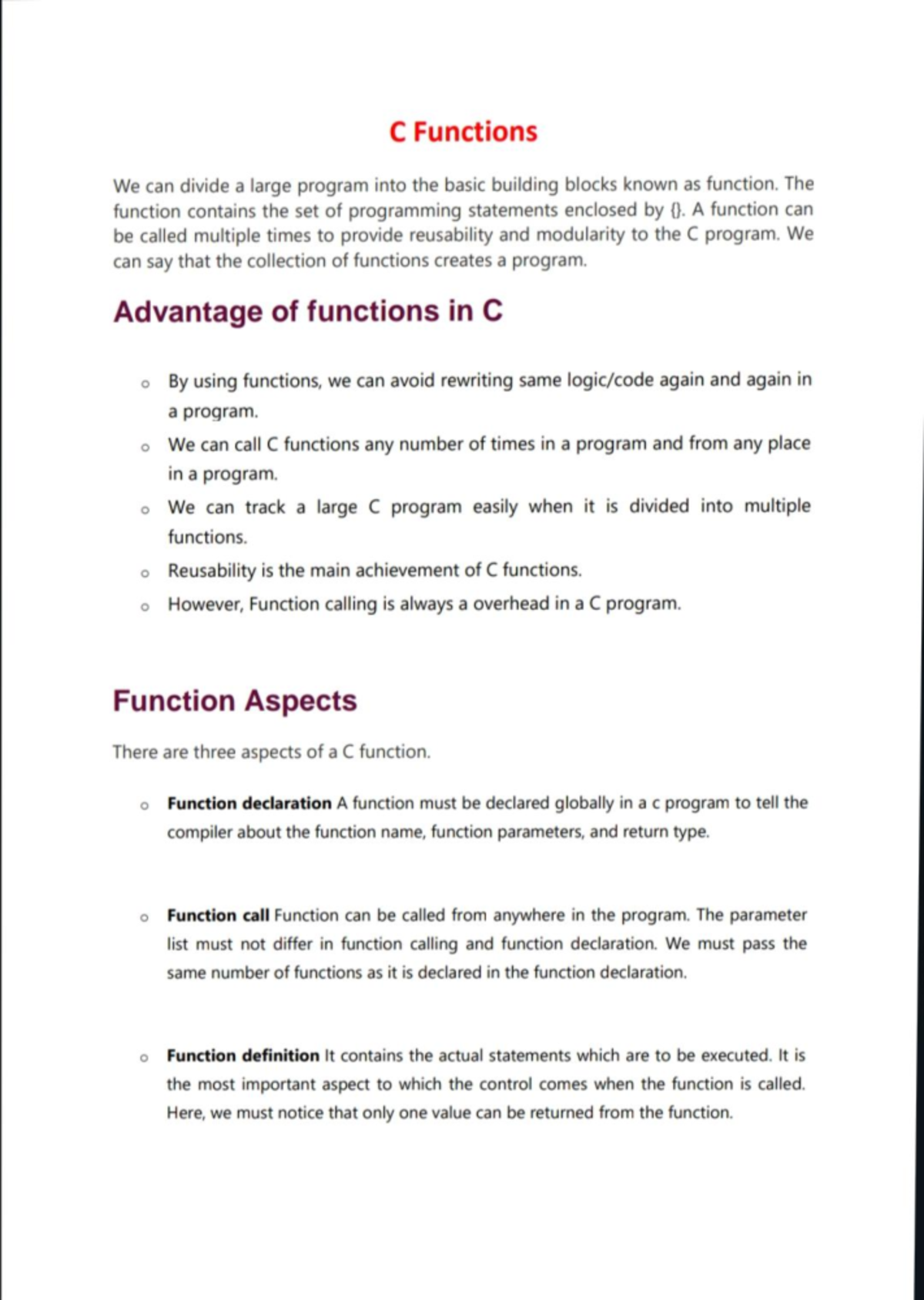 C Functions Overview and Key Concepts (CS101) - Studocu