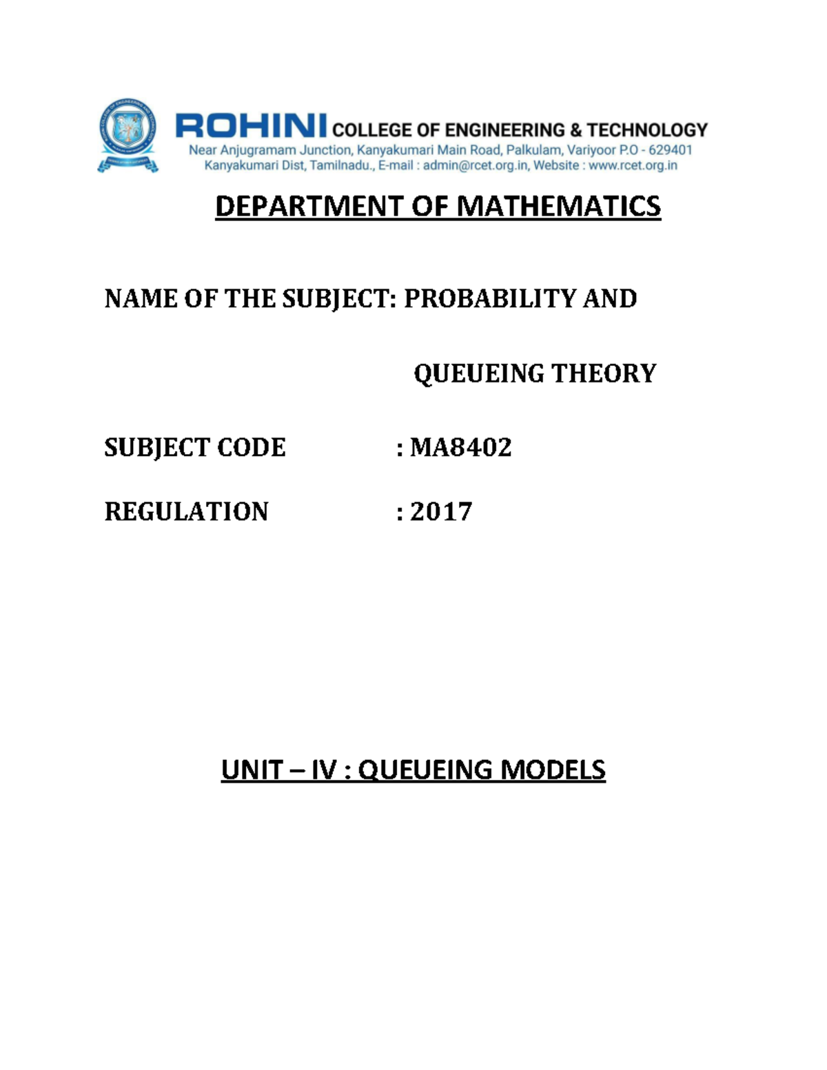 Unit IV - Queueing Models in Probability and Queueing Theory (MA 8402) - Studocu