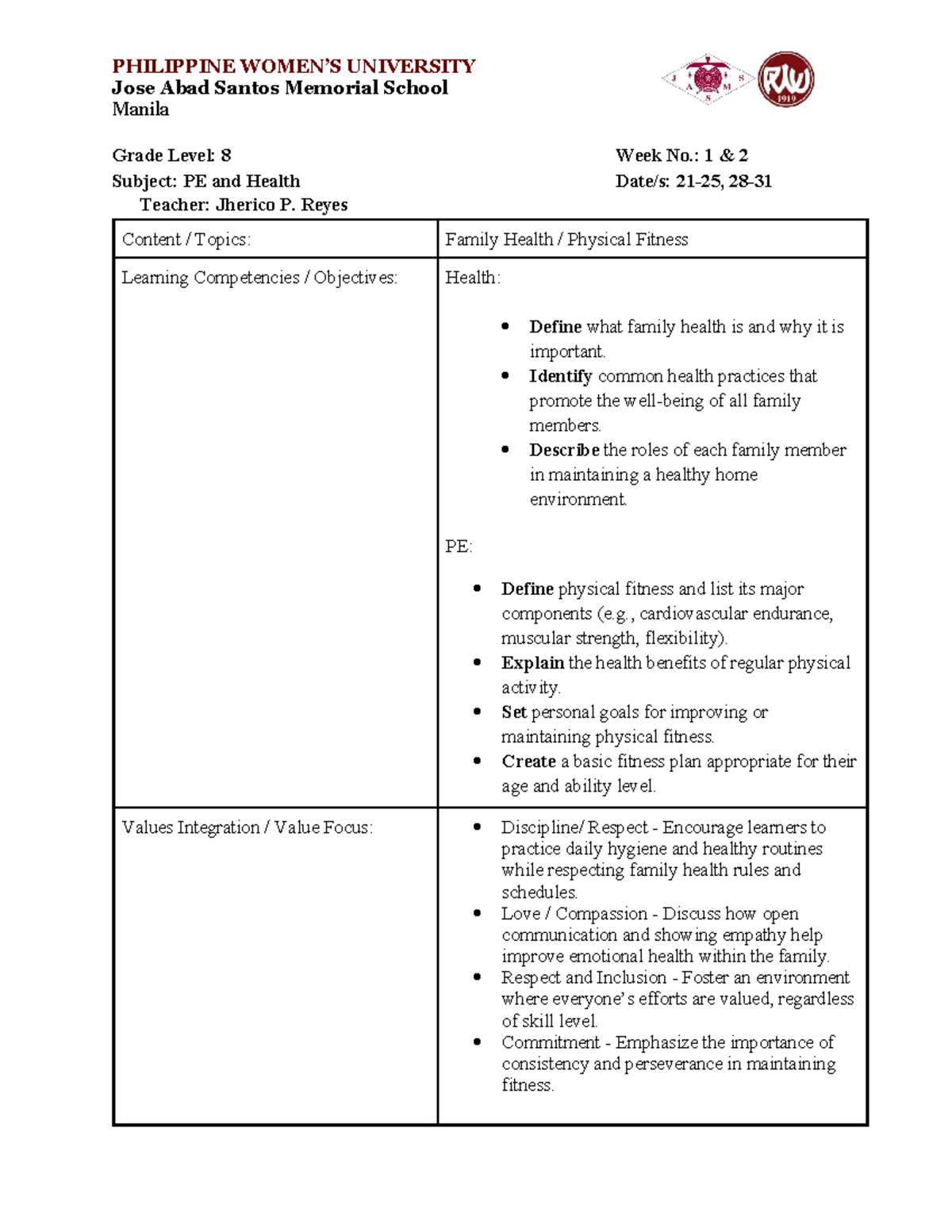 PE and Health 8 Week 3 & 4 Lesson Plans and Activities - Studocu