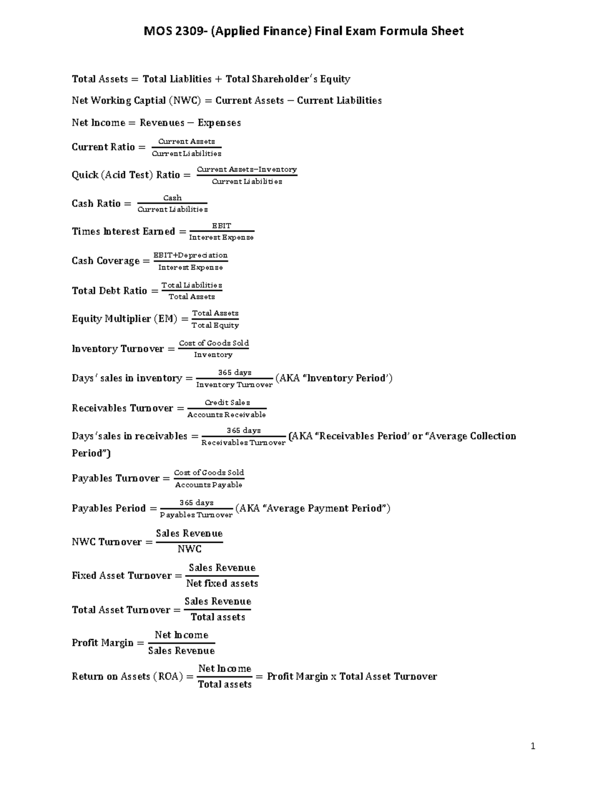 Sample Formula Sheet - Final Exam - MOS 23 09 - (Applied Finance) Final ...