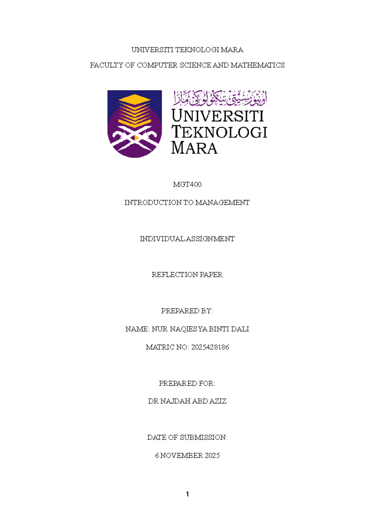 MGT400 Individual Assignment Reflection Paper by Nur Naqiesya - Studocu