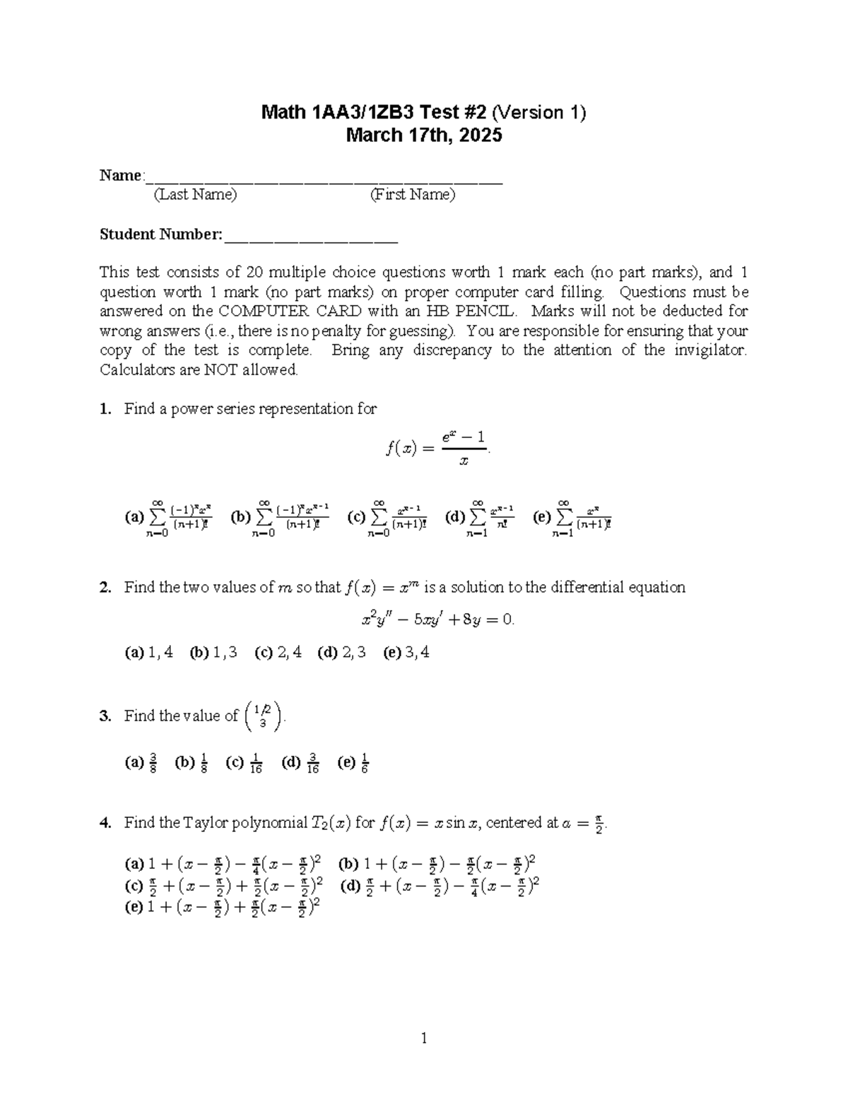 Calculus 2 - Test 2 - Practice Test (Version 1) March 17, 2025 - Studocu