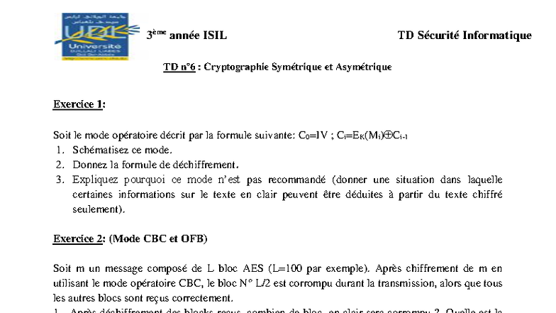 TD 6 ISIL: Cryptographie Symétrique et Asymétrique Exercice 1-3 - Studocu