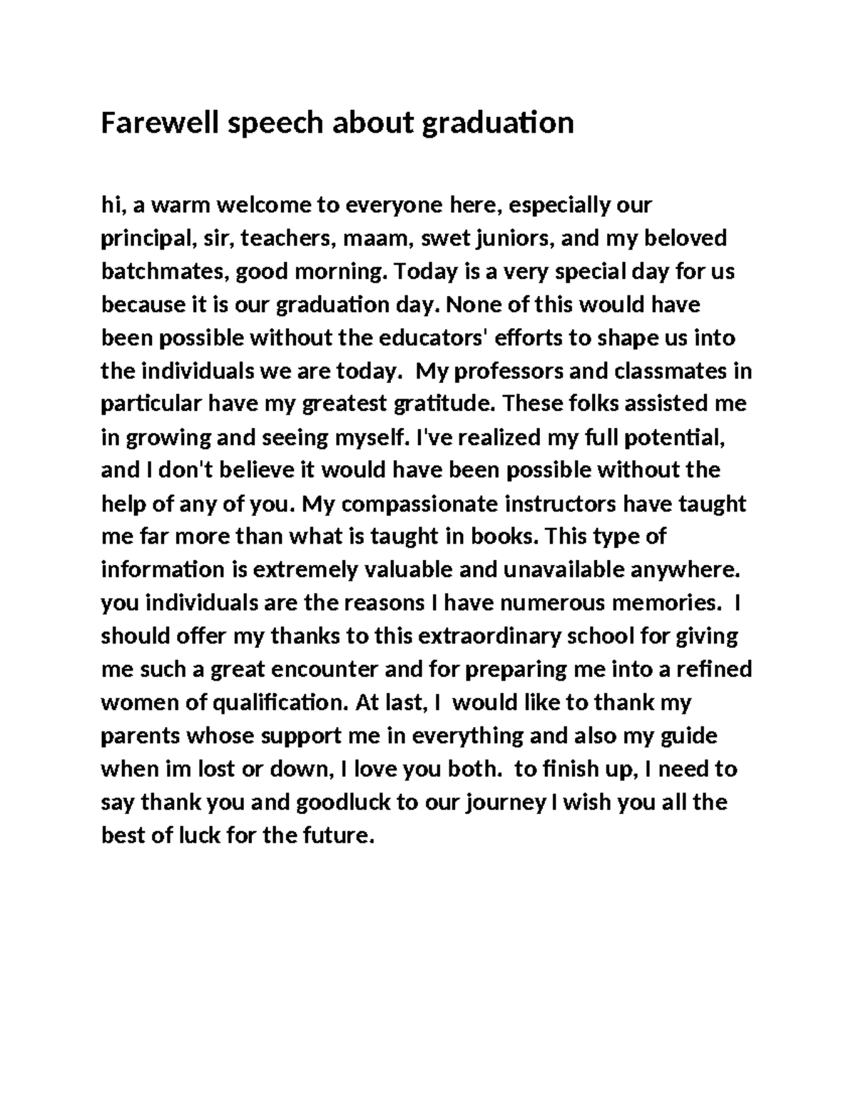Graduation Farewell Speech: Celebrating Our Journey and Friends - Studocu