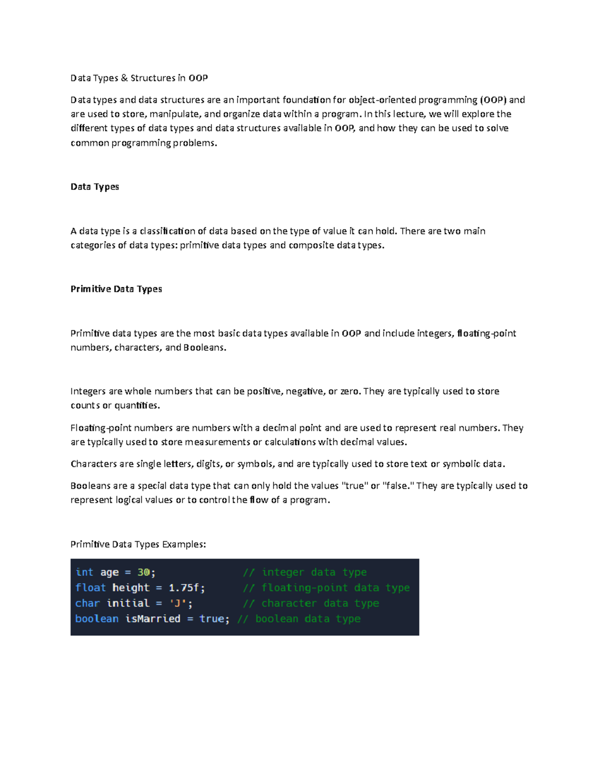 Object Oriented Programming Oop Data Types Data Types Structures