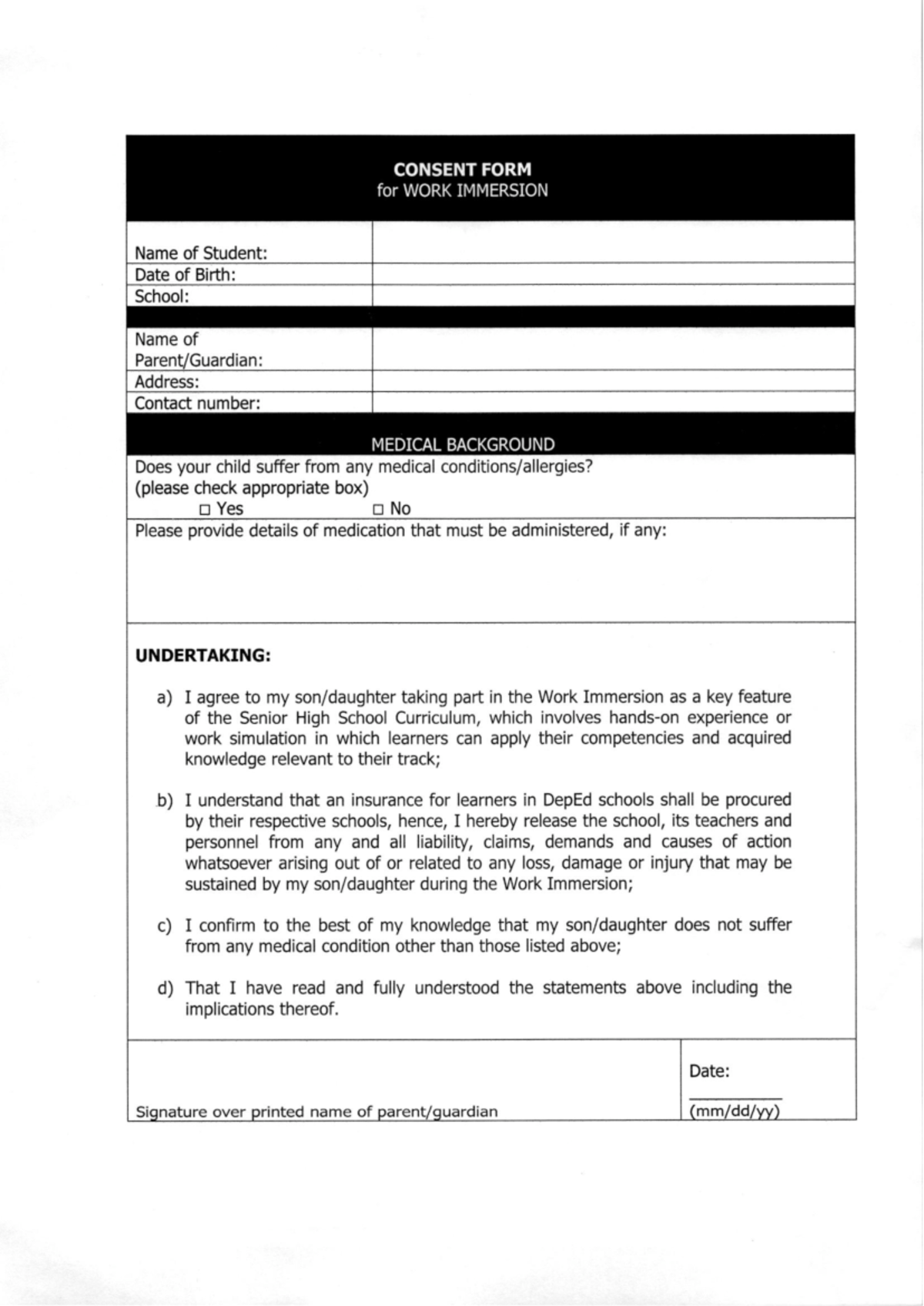 Consent Form and MOA Templates for SHS Work Immersion (SHS 101) - Studocu